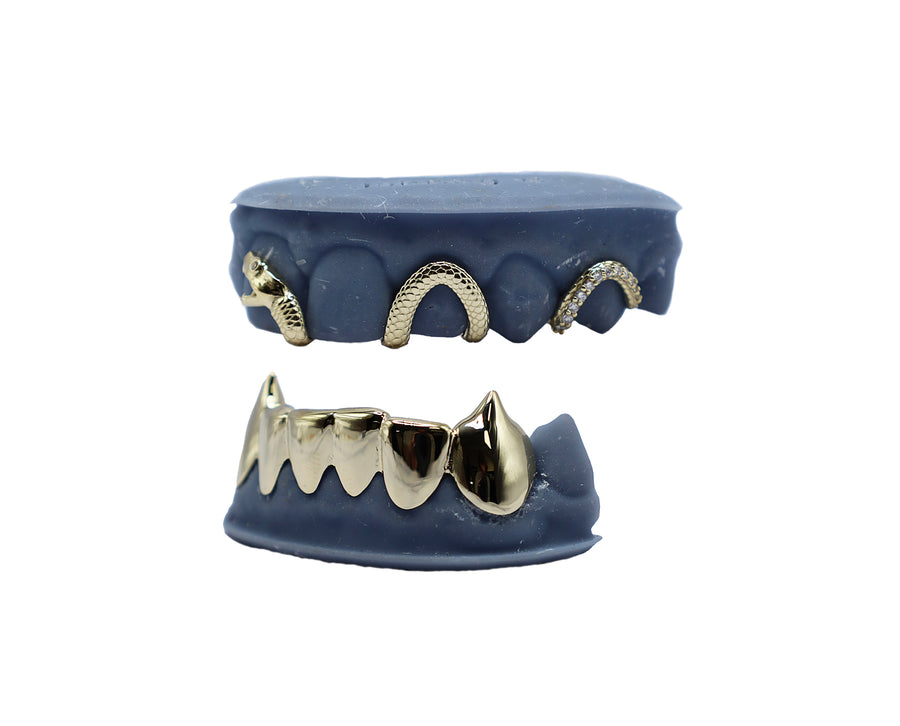 3D Snake Grillz w Diamonds & Bottom 6 Sharp Fang Grillz - Luxe Grillz