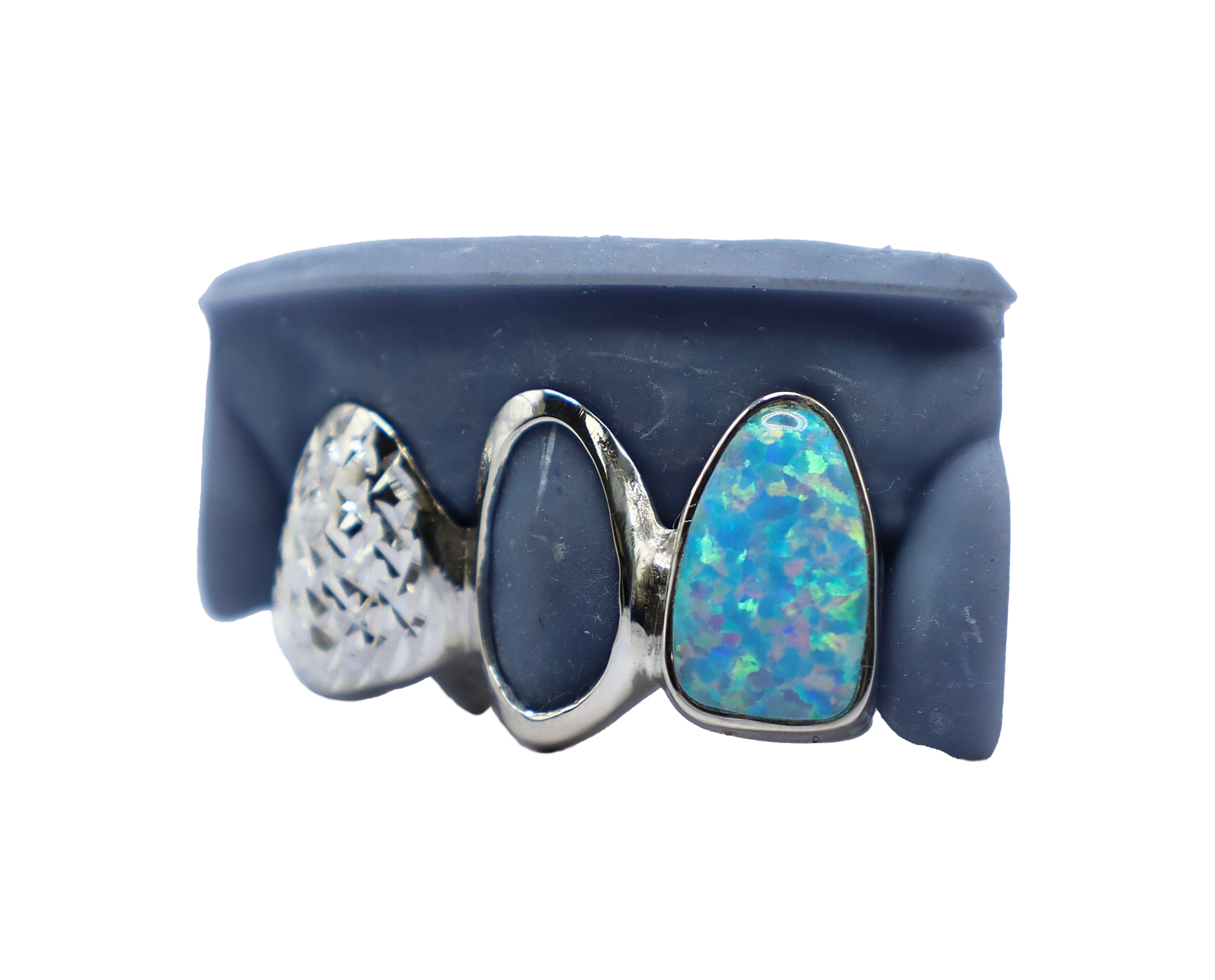 3 Tooth Grillz w Opal, Diamond Cuts - Luxe Grillz