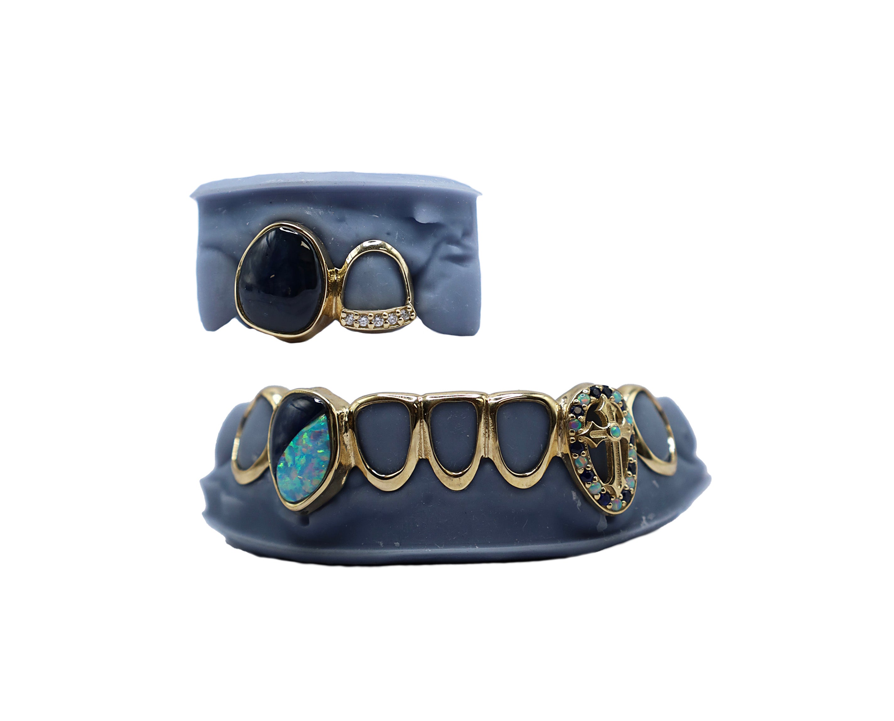 Bottom 8 Open Face Grillz w Sapphires & Opals - Luxe Grillz