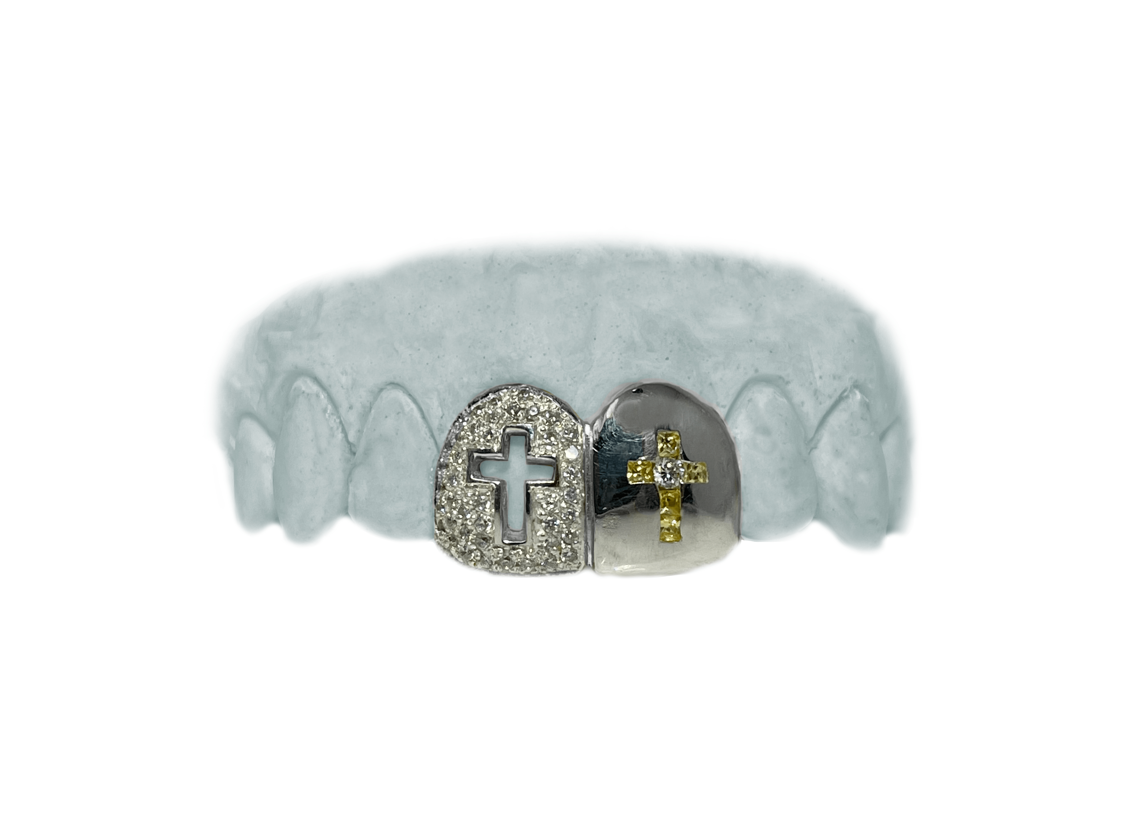 Two Teeth Grillz w Yellow Sapphire Cross & Diamond Cross – Luxe Grillz